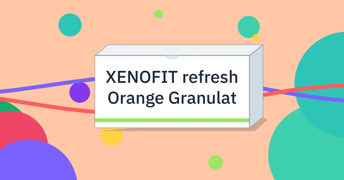 Symbolbild: Packung mit der Aufschrift XENOFIT refresh Orange Granulat (PZN 04401339) – Verfügbarkeit und Bezug in Apotheken in Frankfurt am Main