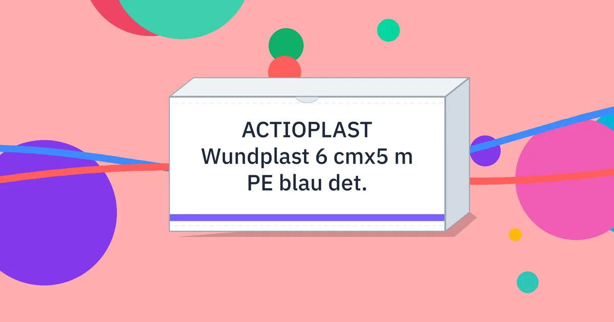 Symbolbild: Packung mit der Aufschrift ACTIOPLAST Wundplast 6 cmx5 m PE blau det. (PZN 05392660) – Verfügbarkeit und Bezug in Apotheken in Frankfurt am Main