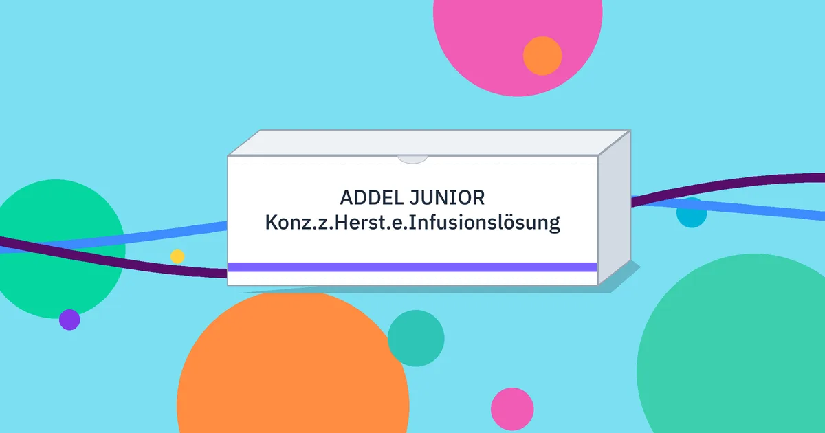 Symbolbild: Packung mit der Aufschrift ADDEL JUNIOR Konz.z.Herst.e.Infusionslösung (PZN 12566882) – Verfügbarkeit und Bezug in Apotheken in Frankfurt am Main
