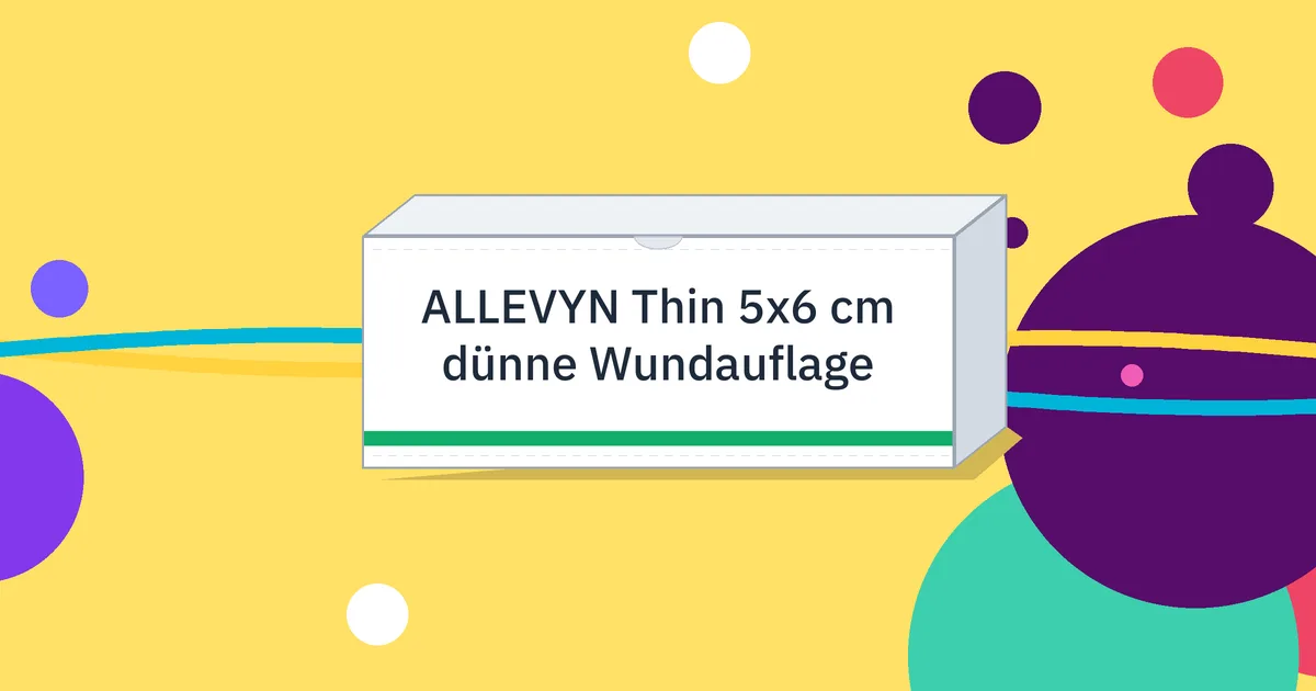 Symbolbild: Packung mit der Aufschrift ALLEVYN Thin 5x6 cm dünne Wundauflage (PZN 20206695) – Verfügbarkeit und Bezug in Apotheken in Frankfurt am Main