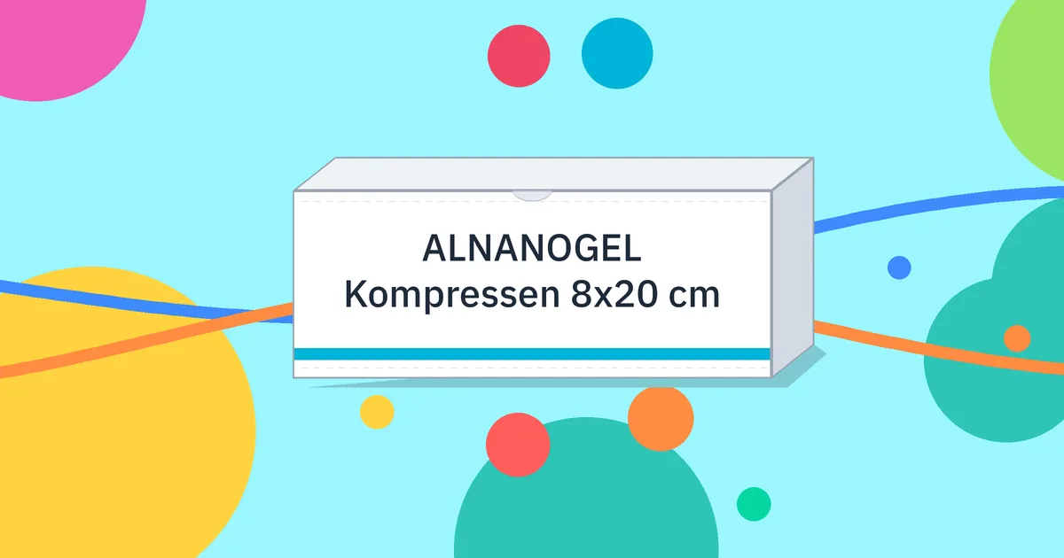 Symbolbild: Packung mit der Aufschrift ALNANOGEL Kompressen 8x20 cm (PZN 05375288) – Verfügbarkeit und Bezug in Apotheken in Frankfurt am Main