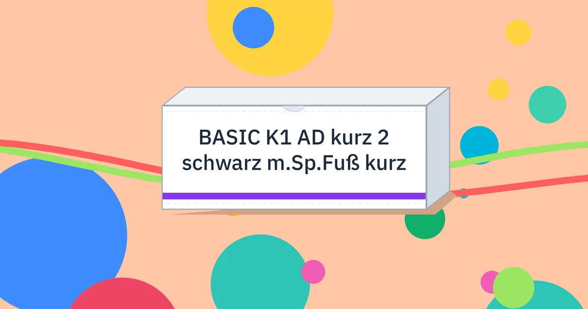 Symbolbild: Packung mit der Aufschrift BASIC K1 AD kurz 2 schwarz m.Sp.Fuß kurz (PZN 20257310) – Verfügbarkeit und Bezug in Apotheken in Frankfurt am Main