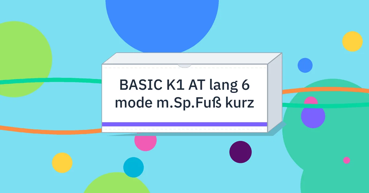 Symbolbild: Packung mit der Aufschrift BASIC K1 AT lang 6 mode m.Sp.Fuß kurz (PZN 20263339) – Verfügbarkeit und Bezug in Apotheken in Frankfurt am Main