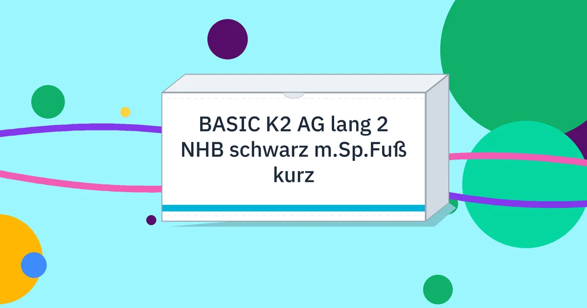 Symbolbild: Packung mit der Aufschrift BASIC K2 AG lang 2 NHB schwarz m.Sp.Fuß kurz (PZN 20266473) – Verfügbarkeit und Bezug in Apotheken in Frankfurt am Main