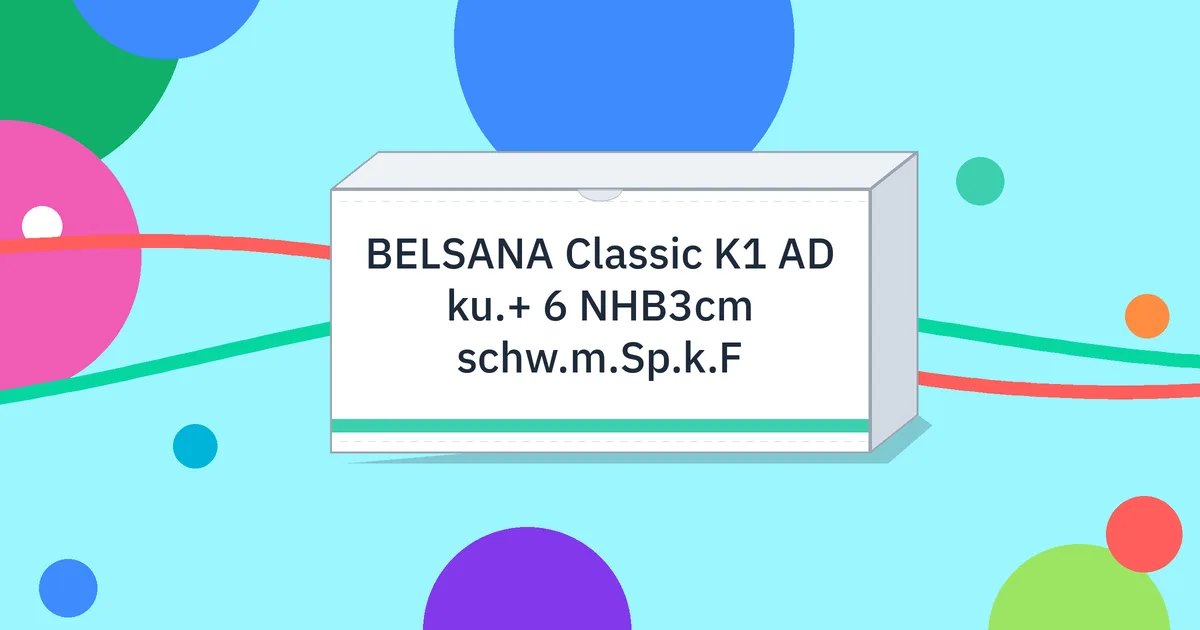 Symbolbild: Packung mit der Aufschrift BELSANA Classic K1 AD ku.+ 6 NHB3cm schw.m.Sp.k.F (PZN 19257084) – Verfügbarkeit und Bezug in Apotheken in Frankfurt am Main