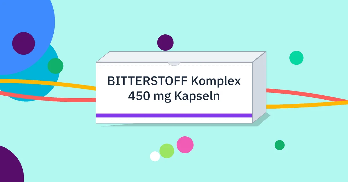 Symbolbild: Packung mit der Aufschrift BITTERSTOFF Komplex 450 mg Kapseln (PZN 18880378) – Verfügbarkeit und Bezug in Apotheken in Frankfurt am Main