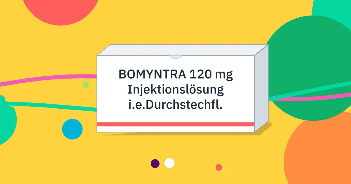 Symbolbild: Packung mit der Aufschrift BOMYNTRA 120 mg Injektionslösung i.e.Durchstechfl. (PZN 20081302) – Verfügbarkeit und Bezug in Apotheken in Frankfurt am Main