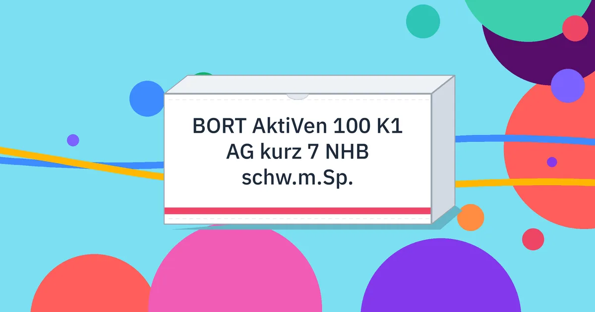 Symbolbild: Packung mit der Aufschrift BORT AktiVen 100 K1 AG kurz 7 NHB schw.m.Sp. (PZN 14388456) – Verfügbarkeit und Bezug in Apotheken in Frankfurt am Main