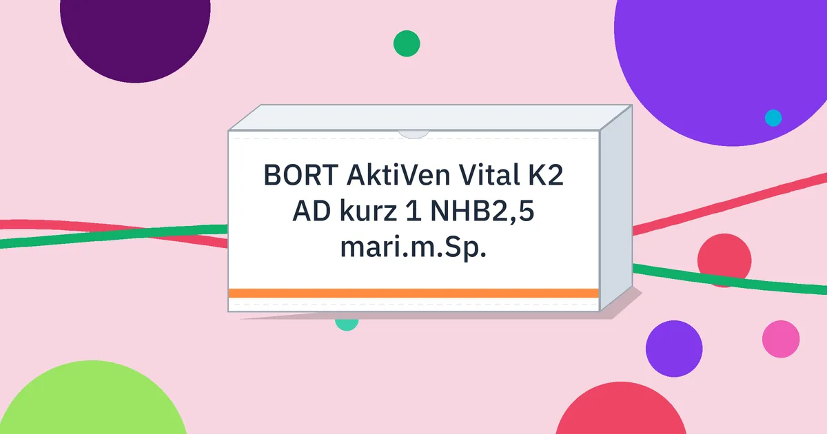 Symbolbild: Packung mit der Aufschrift BORT AktiVen Vital K2 AD kurz 1 NHB2,5 mari.m.Sp. (PZN 17499481) – Verfügbarkeit und Bezug in Apotheken in Frankfurt am Main