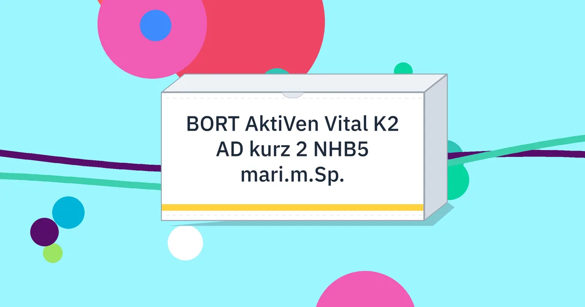 Symbolbild: Packung mit der Aufschrift BORT AktiVen Vital K2 AD kurz 2 NHB5 mari.m.Sp. (PZN 17494710) – Verfügbarkeit und Bezug in Apotheken in Frankfurt am Main