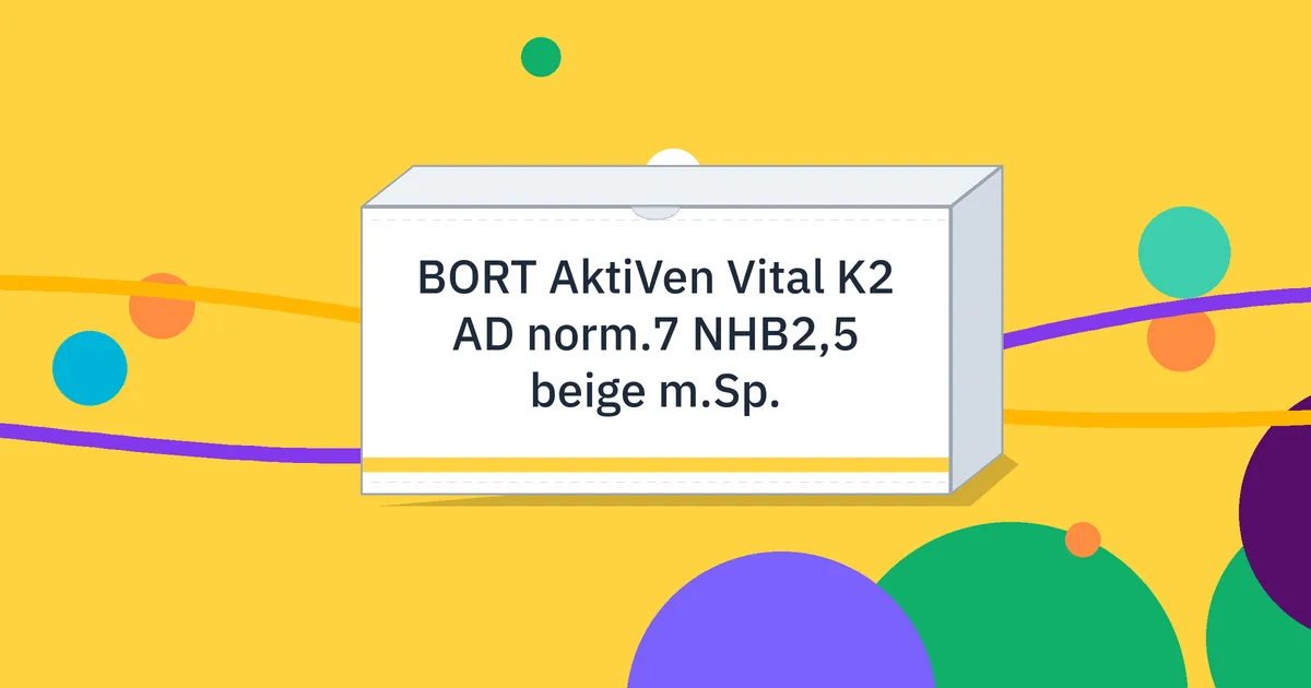 Symbolbild: Packung mit der Aufschrift BORT AktiVen Vital K2 AD norm.7 NHB2,5 beige m.Sp. (PZN 17499127) – Verfügbarkeit und Bezug in Apotheken in Frankfurt am Main