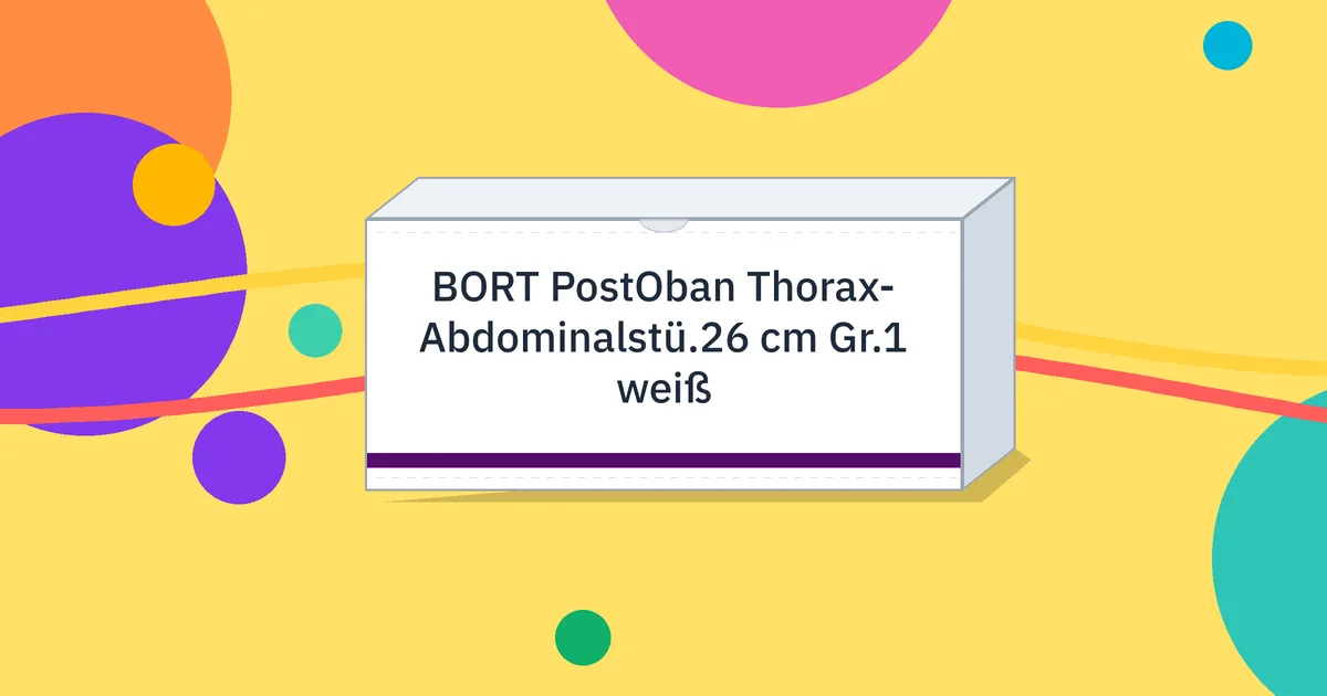 Symbolbild: Packung mit der Aufschrift BORT PostOban Thorax-Abdominalstü.26 cm Gr.1 weiß (PZN 02770216) – Verfügbarkeit und Bezug in Apotheken in Frankfurt am Main