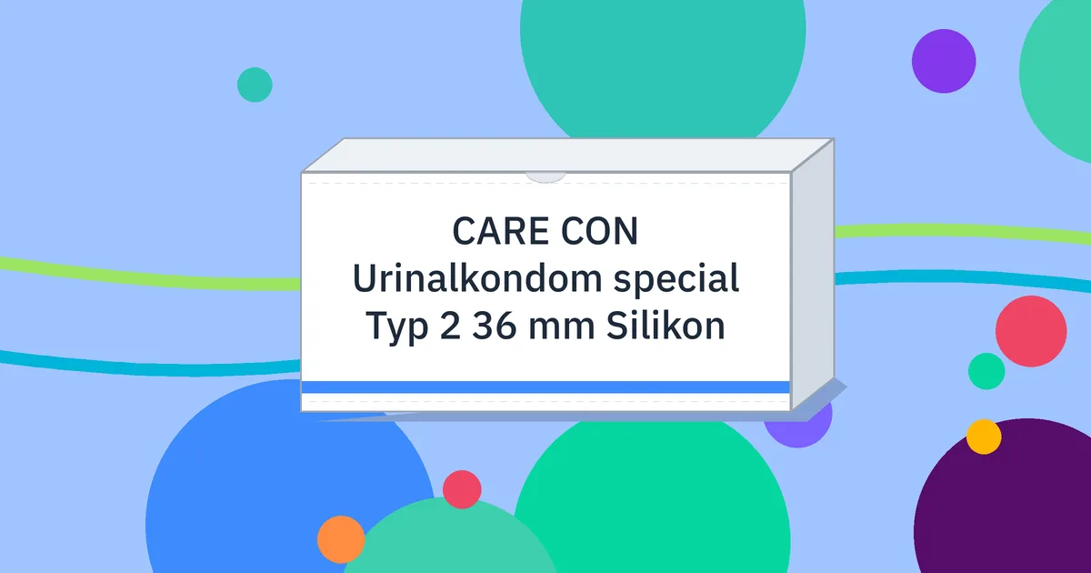 Symbolbild: Packung mit der Aufschrift CARE CON Urinalkondom special Typ 2 36 mm Silikon (PZN 17520732) – Verfügbarkeit und Bezug in Apotheken in Frankfurt am Main