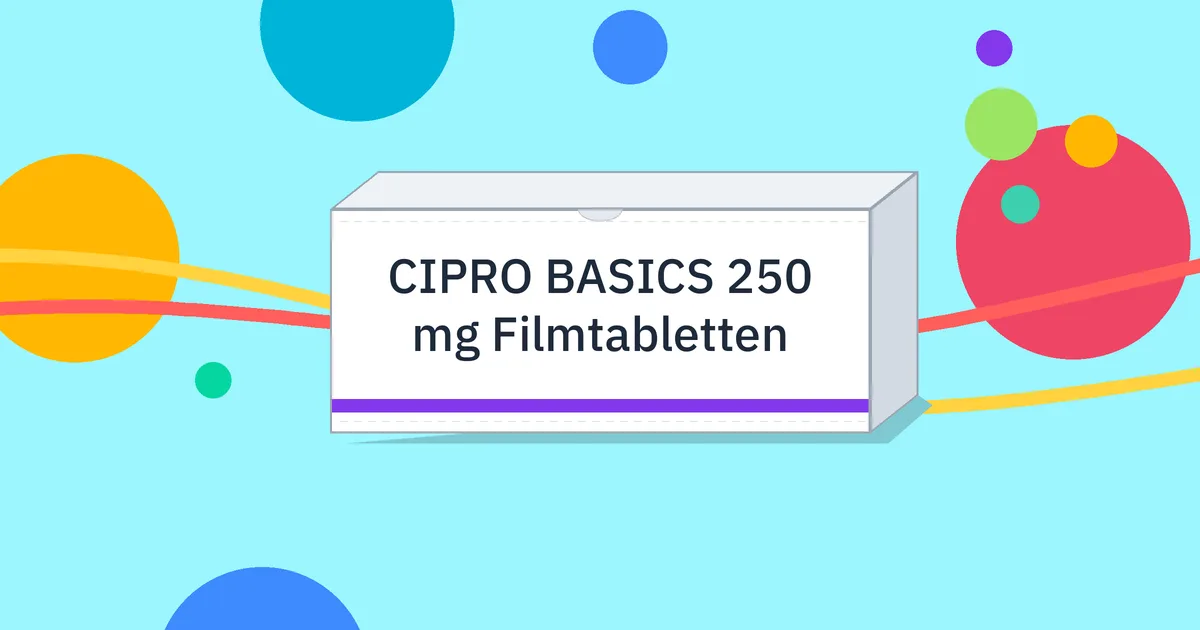Symbolbild: Packung mit der Aufschrift CIPRO BASICS 250 mg Filmtabletten (PZN 08440187) – Verfügbarkeit und Bezug in Apotheken in Frankfurt am Main