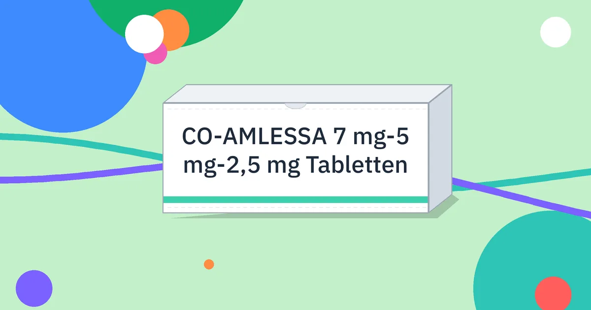 Symbolbild: Packung mit der Aufschrift CO-AMLESSA 7 mg-5 mg-2,5 mg Tabletten (PZN 19985346) – Verfügbarkeit und Bezug in Apotheken in Frankfurt am Main