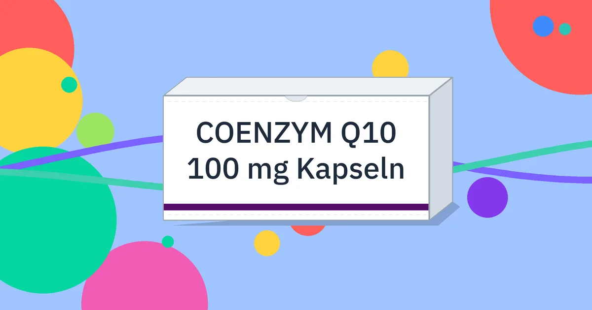 Symbolbild: Packung mit der Aufschrift COENZYM Q10 100 mg Kapseln (PZN 00096856) – Verfügbarkeit und Bezug in Apotheken in Frankfurt am Main