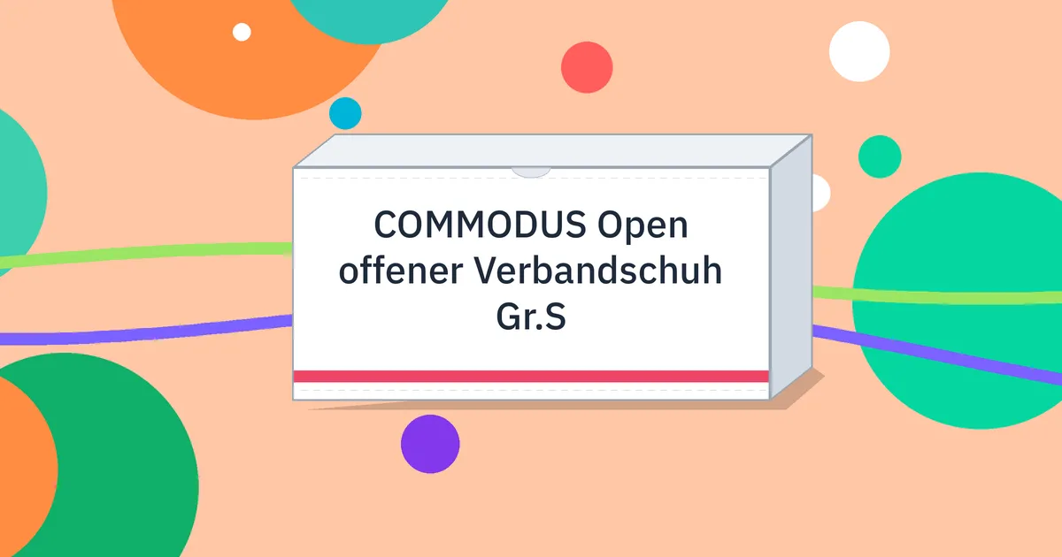 Symbolbild: Packung mit der Aufschrift COMMODUS Open offener Verbandschuh Gr.S (PZN 16744381) – Verfügbarkeit und Bezug in Apotheken in Frankfurt am Main