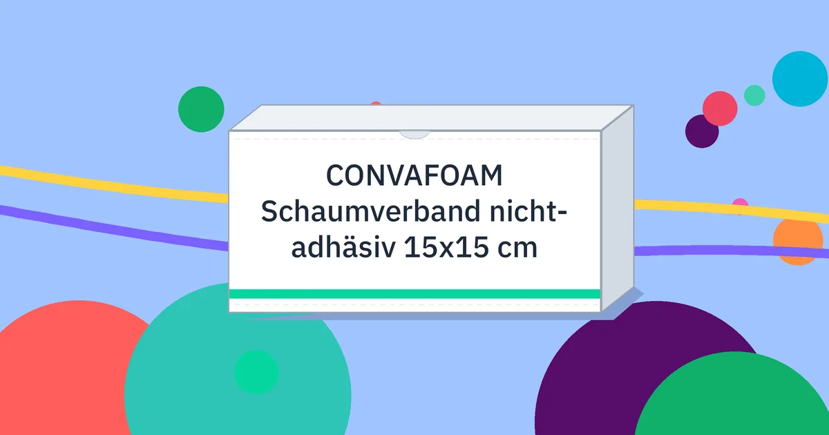 Symbolbild: Packung mit der Aufschrift CONVAFOAM Schaumverband nicht-adhäsiv 15x15 cm (PZN 19883255) – Verfügbarkeit und Bezug in Apotheken in Frankfurt am Main