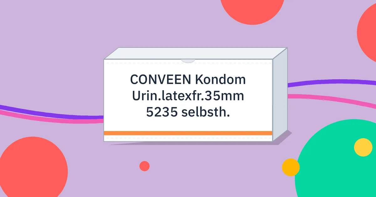 Symbolbild: Packung mit der Aufschrift CONVEEN Kondom Urin.latexfr.35mm 5235 selbsth. (PZN 08523950) – Verfügbarkeit und Bezug in Apotheken in Frankfurt am Main