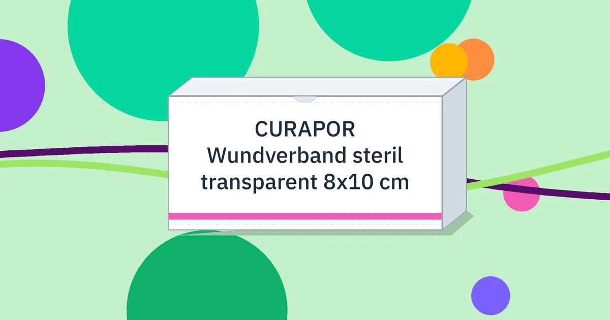 Symbolbild: Packung mit der Aufschrift CURAPOR Wundverband steril transparent 8x10 cm (PZN 14241753) – Verfügbarkeit und Bezug in Apotheken in Frankfurt am Main
