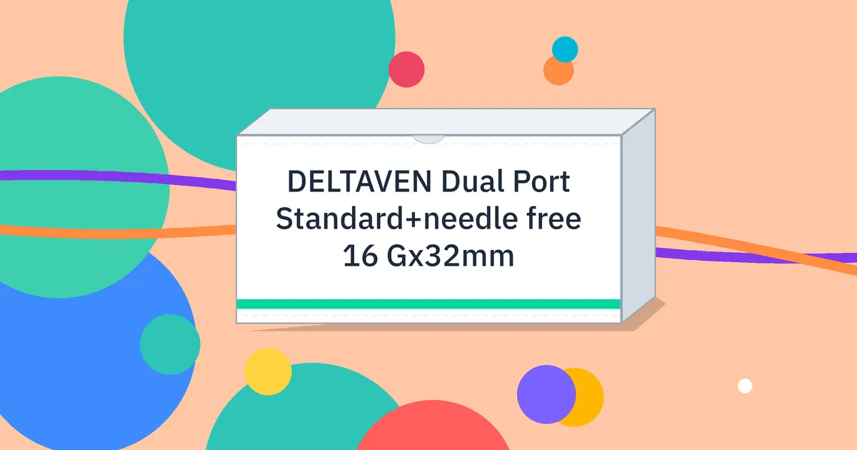 Symbolbild: Packung mit der Aufschrift DELTAVEN Dual Port Standard+needle free 16 Gx32mm (PZN 18873728) – Verfügbarkeit und Bezug in Apotheken in Frankfurt am Main