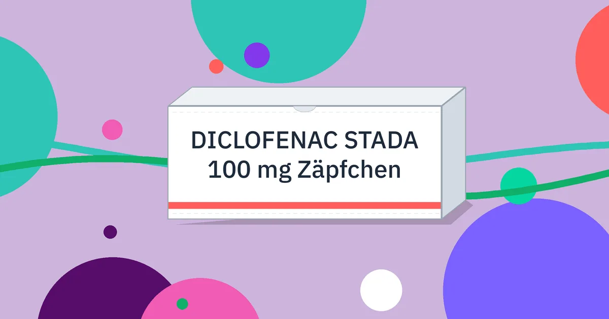 Symbolbild: Packung mit der Aufschrift DICLOFENAC STADA 100 mg Zäpfchen (PZN 03472219) – Verfügbarkeit und Bezug in Apotheken in Frankfurt am Main