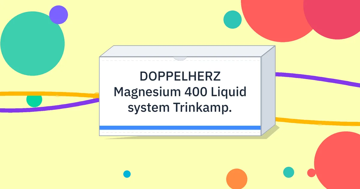 Symbolbild: Packung mit der Aufschrift DOPPELHERZ Magnesium 400 Liquid system Trinkamp. (PZN 17987430) – Verfügbarkeit und Bezug in Apotheken in Frankfurt am Main