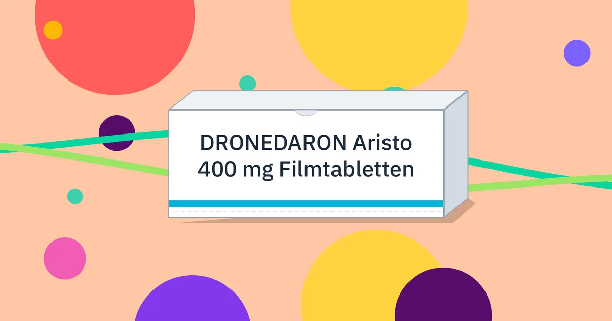 Symbolbild: Packung mit der Aufschrift DRONEDARON Aristo 400 mg Filmtabletten (PZN 20316745) – Verfügbarkeit und Bezug in Apotheken in Frankfurt am Main