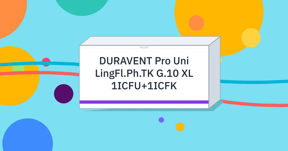 Symbolbild: Packung mit der Aufschrift DURAVENT Pro Uni LingFl.Ph.TK G.10 XL 1ICFU+1ICFK (PZN 19273120) – Verfügbarkeit und Bezug in Apotheken in Frankfurt am Main
