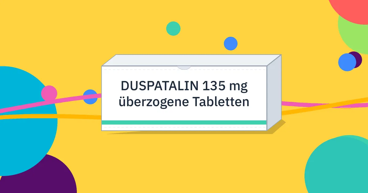 Symbolbild: Packung mit der Aufschrift DUSPATALIN 135 mg überzogene Tabletten (PZN 02742355) – Verfügbarkeit und Bezug in Apotheken in Frankfurt am Main