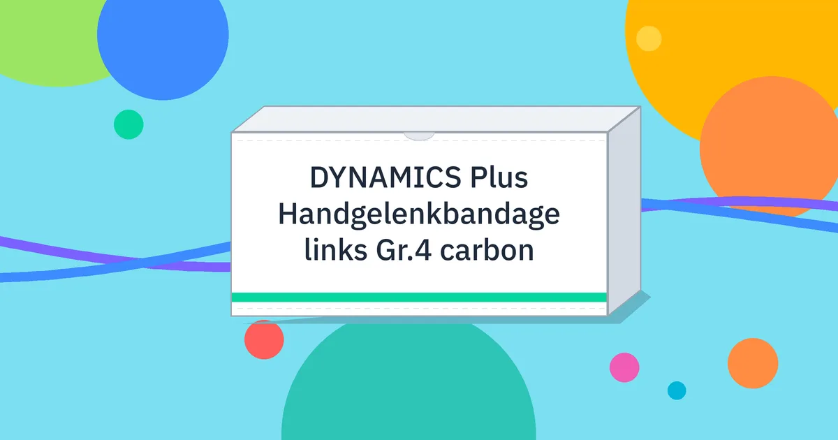 Symbolbild: Packung mit der Aufschrift DYNAMICS Plus Handgelenkbandage links Gr.4 carbon (PZN 10634987) – Verfügbarkeit und Bezug in Apotheken in Frankfurt am Main