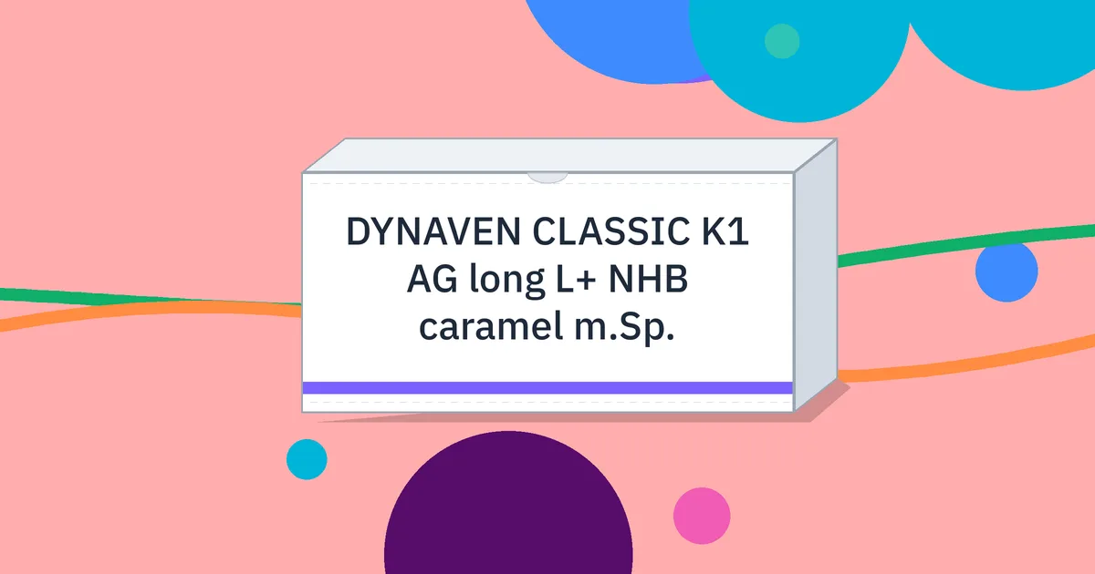 Symbolbild: Packung mit der Aufschrift DYNAVEN CLASSIC K1 AG long L+ NHB caramel m.Sp. (PZN 18415888) – Verfügbarkeit und Bezug in Apotheken in Frankfurt am Main