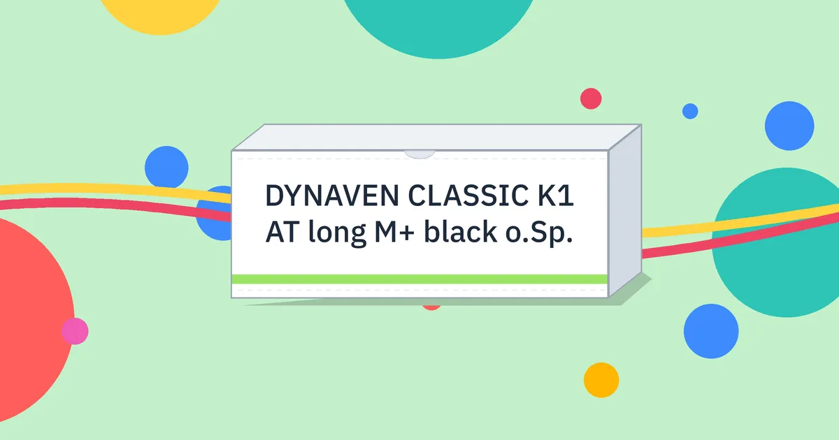 Symbolbild: Packung mit der Aufschrift DYNAVEN CLASSIC K1 AT long M+ black o.Sp. (PZN 18416020) – Verfügbarkeit und Bezug in Apotheken in Frankfurt am Main