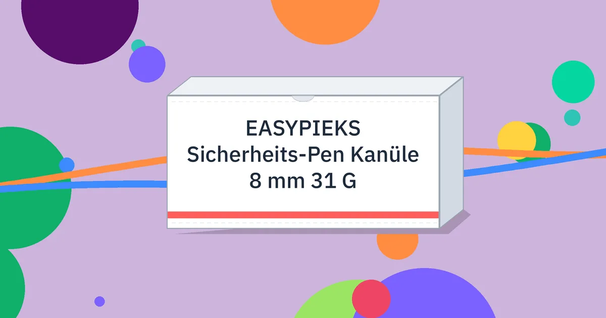 Symbolbild: Packung mit der Aufschrift EASYPIEKS Sicherheits-Pen Kanüle 8 mm 31 G (PZN 18032466) – Verfügbarkeit und Bezug in Apotheken in Frankfurt am Main