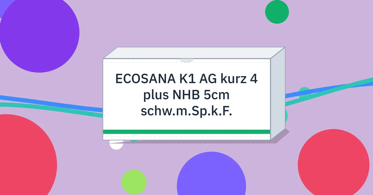 Symbolbild: Packung mit der Aufschrift ECOSANA K1 AG kurz 4 plus NHB 5cm schw.m.Sp.k.F. (PZN 04728164) – Verfügbarkeit und Bezug in Apotheken in Frankfurt am Main