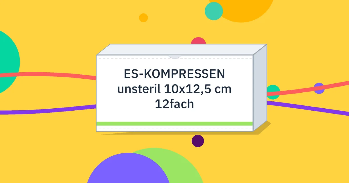 Symbolbild: Packung mit der Aufschrift ES-KOMPRESSEN unsteril 10x12,5 cm 12fach (PZN 01808974) – Verfügbarkeit und Bezug in Apotheken in Frankfurt am Main