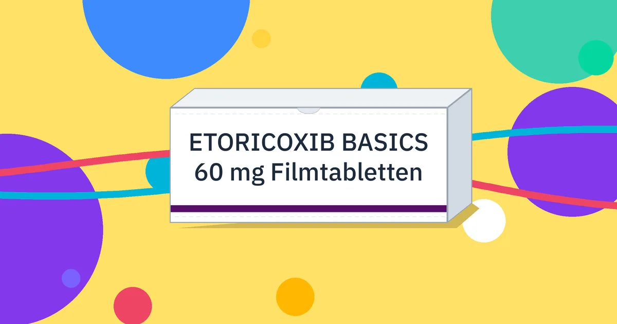 Symbolbild: Packung mit der Aufschrift ETORICOXIB BASICS 60 mg Filmtabletten (PZN 13153248) – Verfügbarkeit und Bezug in Apotheken in Frankfurt am Main