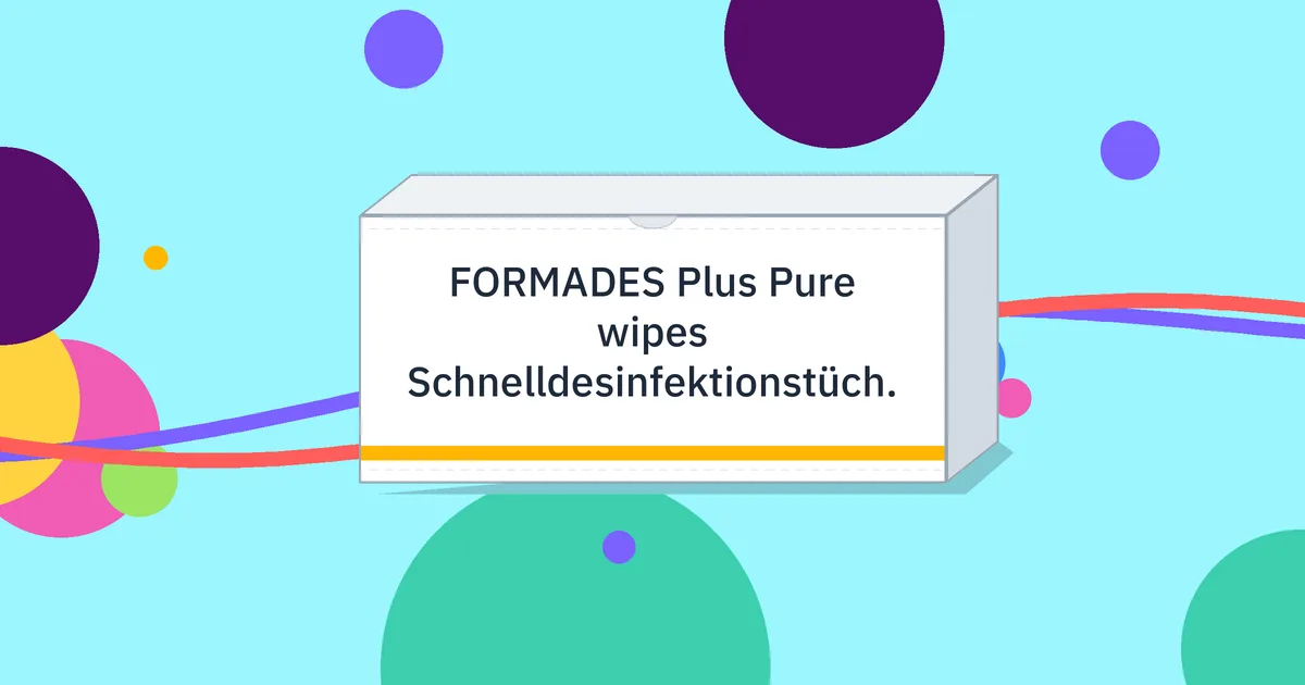 Symbolbild: Packung mit der Aufschrift FORMADES Plus Pure wipes Schnelldesinfektionstüch. (PZN 16928997) – Verfügbarkeit und Bezug in Apotheken in Frankfurt am Main