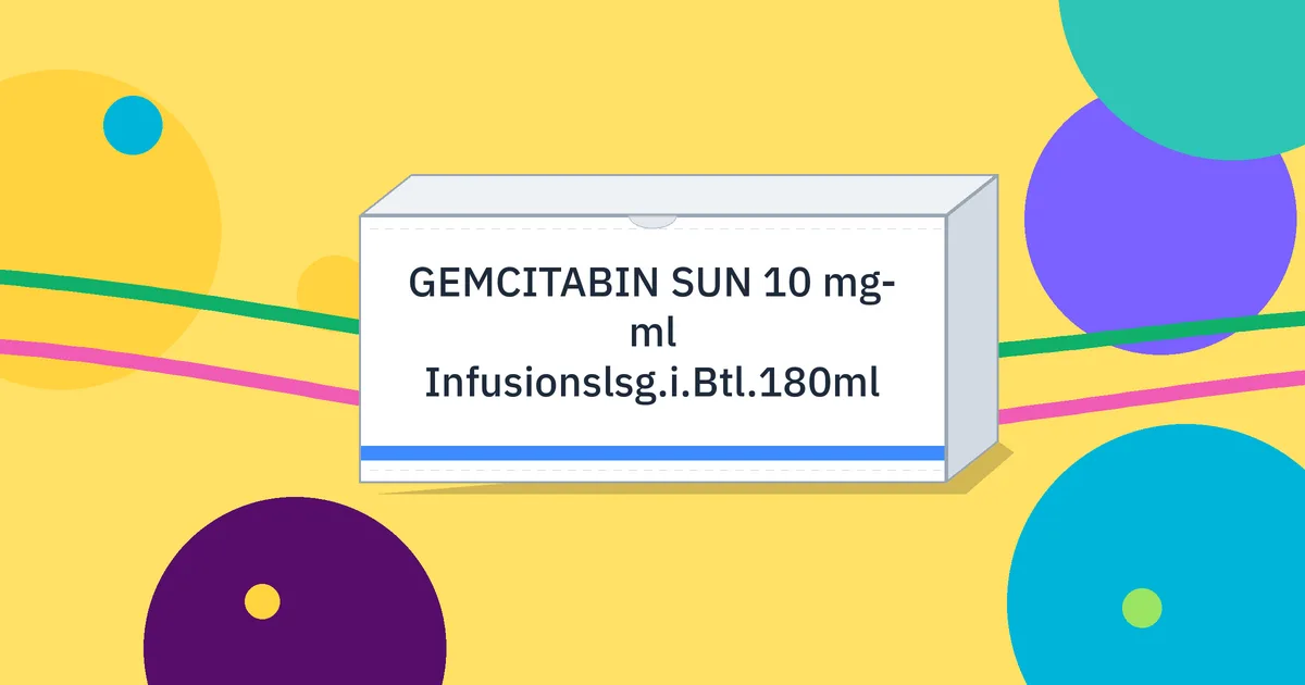Symbolbild: Packung mit der Aufschrift GEMCITABIN SUN 10 mg-ml Infusionslsg.i.Btl.180ml (PZN 11305814) – Verfügbarkeit und Bezug in Apotheken in Frankfurt am Main
