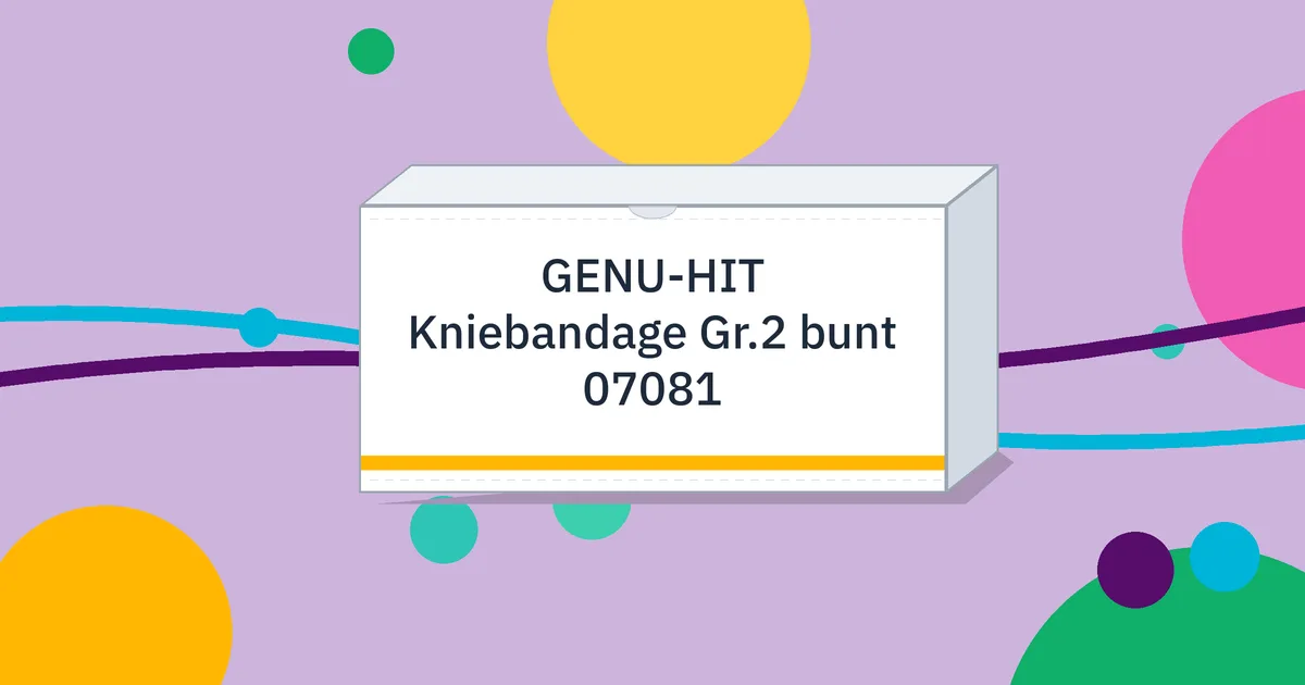 Symbolbild: Packung mit der Aufschrift GENU-HIT Kniebandage Gr.2 bunt 07081 (PZN 08486338) – Verfügbarkeit und Bezug in Apotheken in Frankfurt am Main