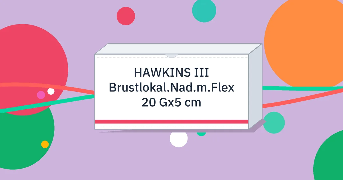 Symbolbild: Packung mit der Aufschrift HAWKINS III Brustlokal.Nad.m.Flex 20 Gx5 cm (PZN 06772264) – Verfügbarkeit und Bezug in Apotheken in Frankfurt am Main