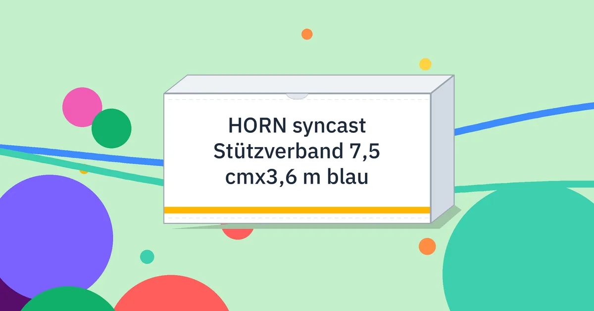 Symbolbild: Packung mit der Aufschrift HORN syncast Stützverband 7,5 cmx3,6 m blau (PZN 04676450) – Verfügbarkeit und Bezug in Apotheken in Frankfurt am Main