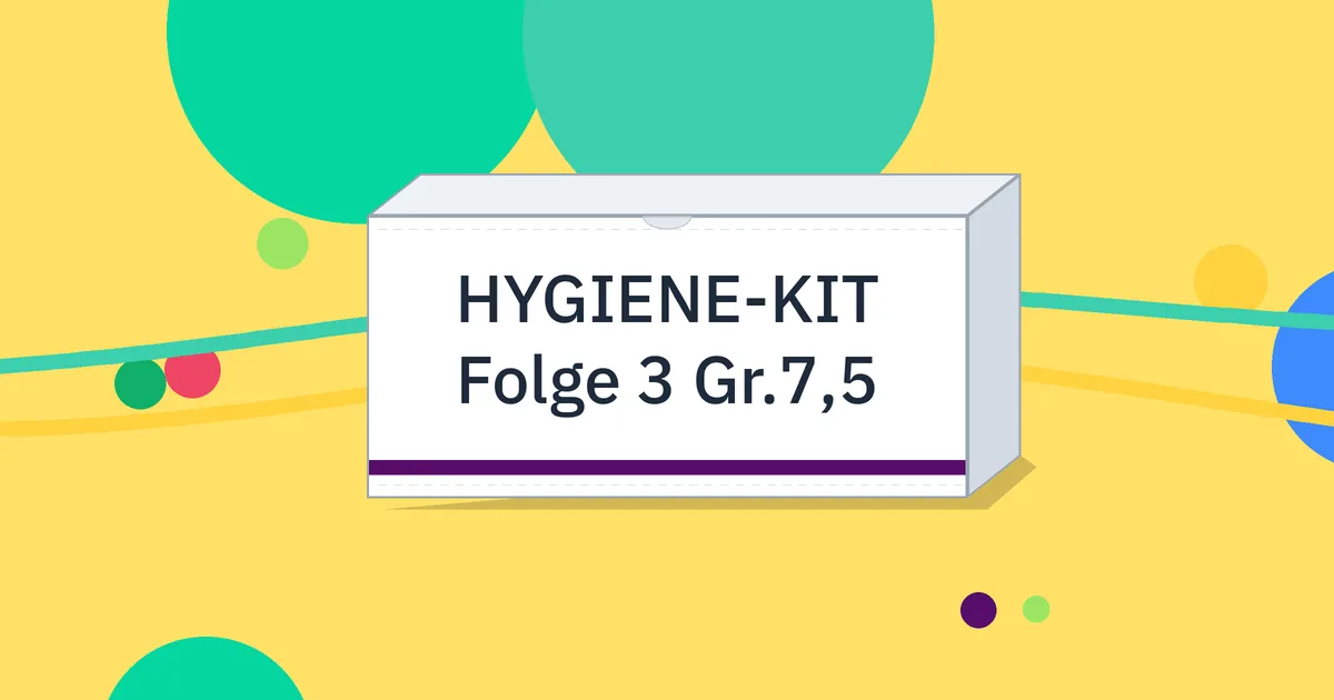 Symbolbild: Packung mit der Aufschrift HYGIENE-KIT Folge 3 Gr.7,5 (PZN 17443670) – Verfügbarkeit und Bezug in Apotheken in Frankfurt am Main