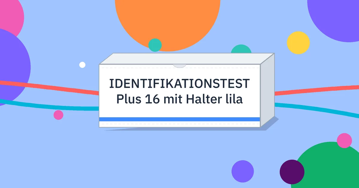 Symbolbild: Packung mit der Aufschrift IDENTIFIKATIONSTEST Plus 16 mit Halter lila (PZN 17850091) – Verfügbarkeit und Bezug in Apotheken in Frankfurt am Main