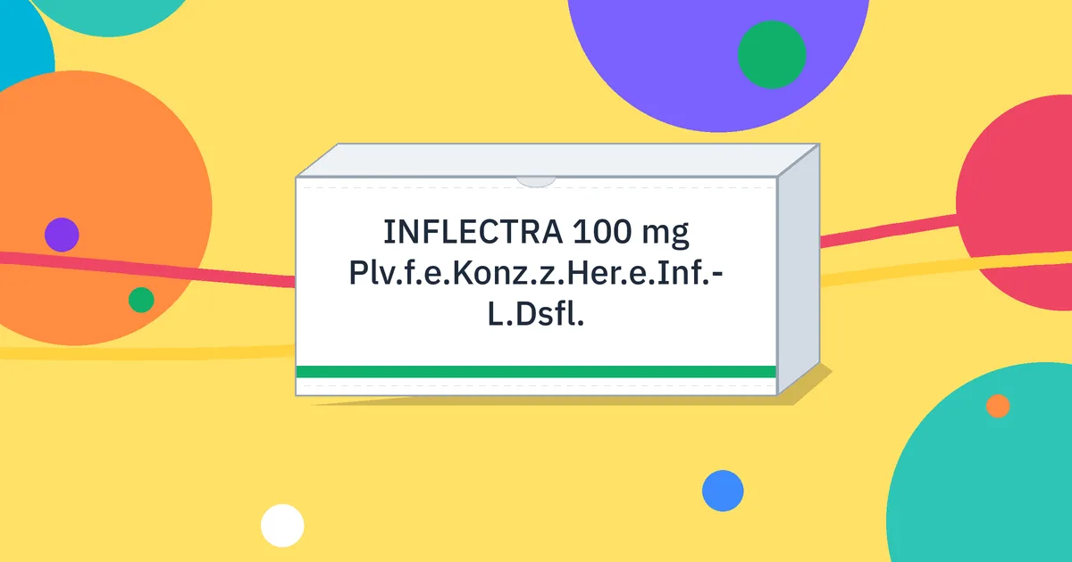 Symbolbild: Packung mit der Aufschrift INFLECTRA 100 mg Plv.f.e.Konz.z.Her.e.Inf.-L.Dsfl. (PZN 11649206) – Verfügbarkeit und Bezug in Apotheken in Frankfurt am Main
