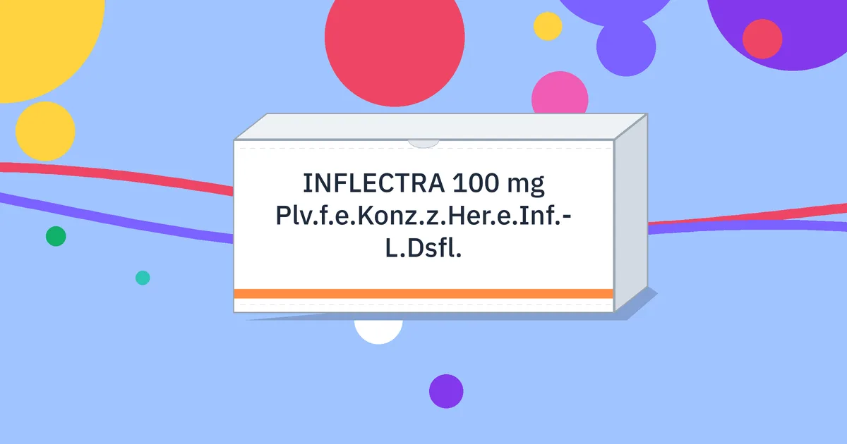 Symbolbild: Packung mit der Aufschrift INFLECTRA 100 mg Plv.f.e.Konz.z.Her.e.Inf.-L.Dsfl. (PZN 15389989) – Verfügbarkeit und Bezug in Apotheken in Frankfurt am Main