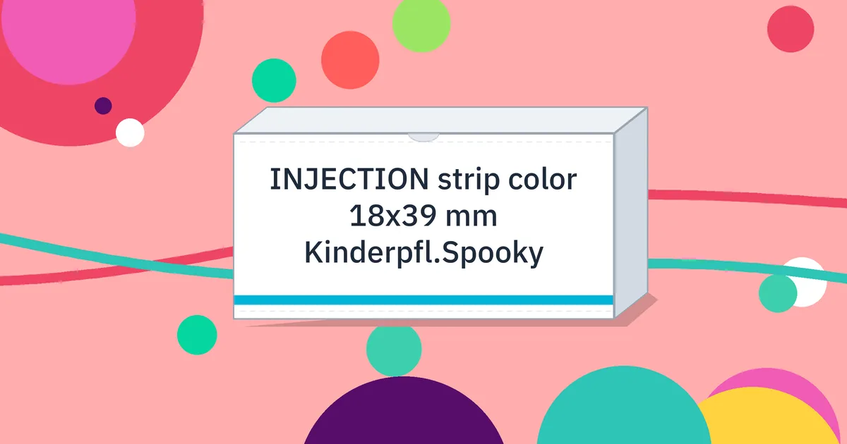Symbolbild: Packung mit der Aufschrift INJECTION strip color 18x39 mm Kinderpfl.Spooky (PZN 20128498) – Verfügbarkeit und Bezug in Apotheken in Frankfurt am Main