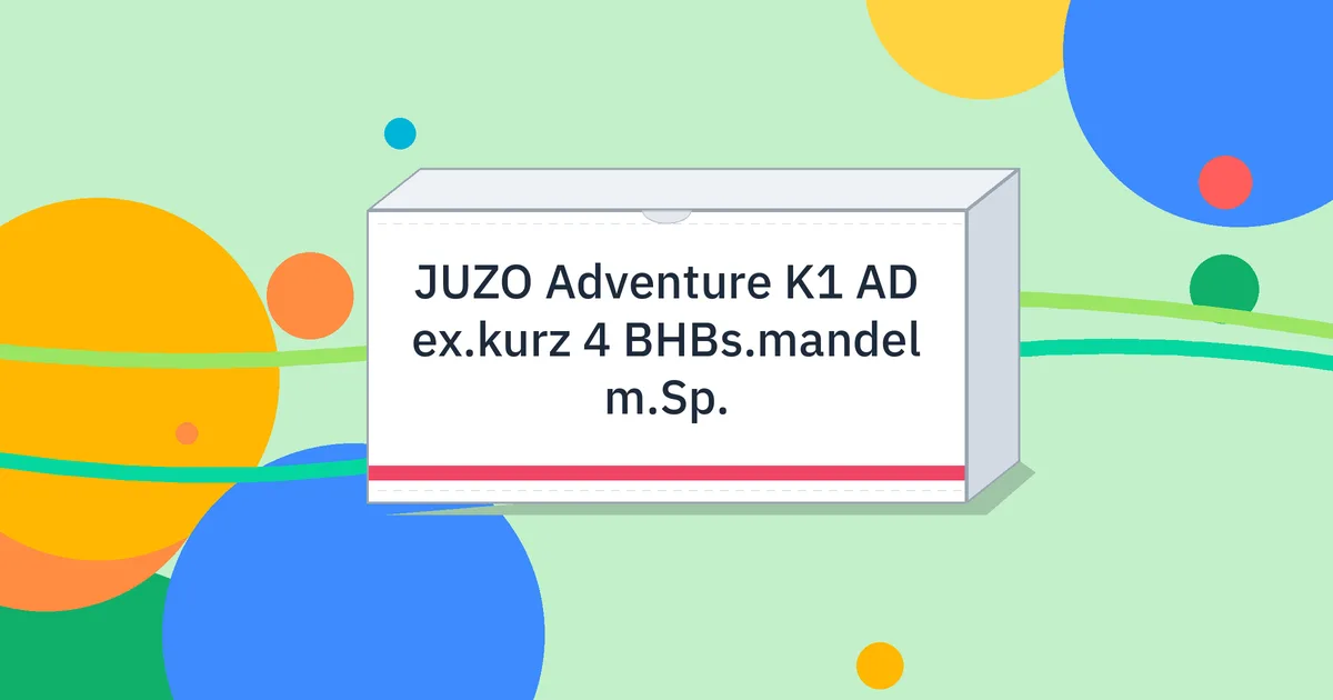 Symbolbild: Packung mit der Aufschrift JUZO Adventure K1 AD ex.kurz 4 BHBs.mandel m.Sp. (PZN 15496685) – Verfügbarkeit und Bezug in Apotheken in Frankfurt am Main