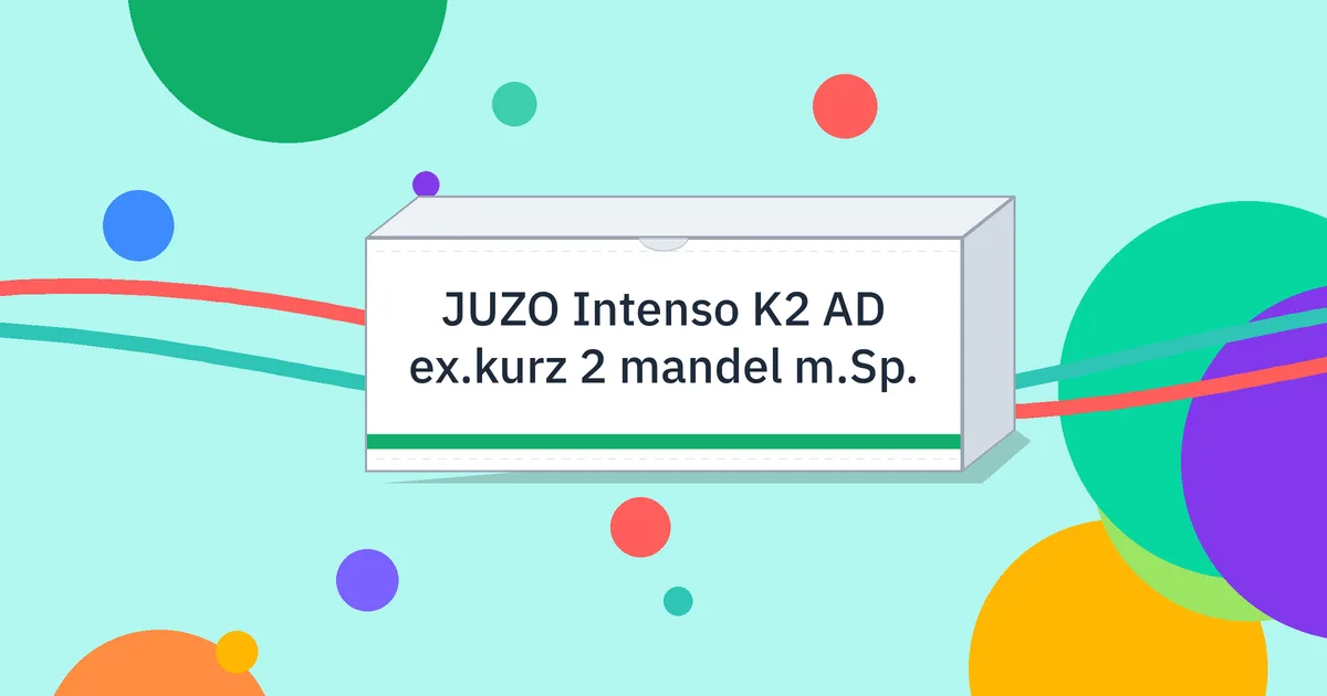 Symbolbild: Packung mit der Aufschrift JUZO Intenso K2 AD ex.kurz 2 mandel m.Sp. (PZN 18608179) – Verfügbarkeit und Bezug in Apotheken in Frankfurt am Main