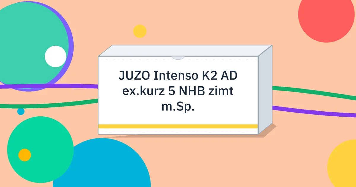 Symbolbild: Packung mit der Aufschrift JUZO Intenso K2 AD ex.kurz 5 NHB zimt m.Sp. (PZN 18611483) – Verfügbarkeit und Bezug in Apotheken in Frankfurt am Main